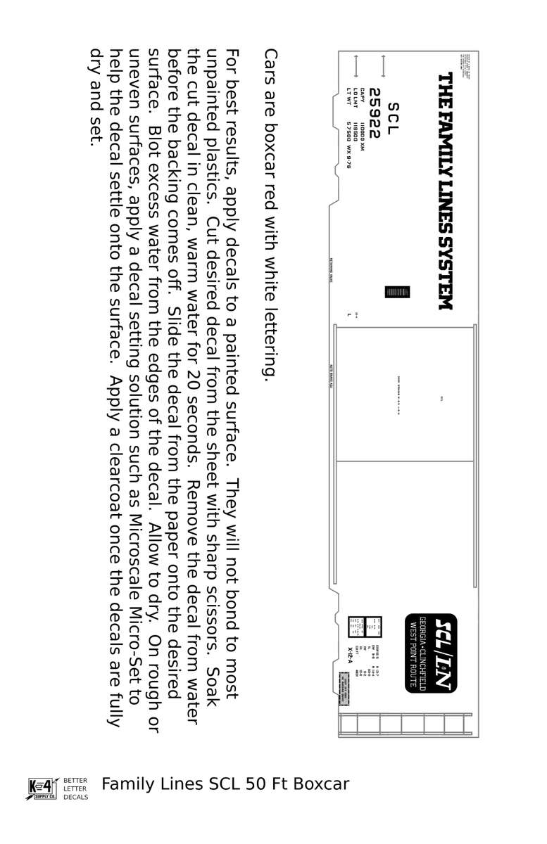 Family Lines SCL 50 Ft Boxcar White - Decal - Choose Scale – K4 Decals – Model Train Decals