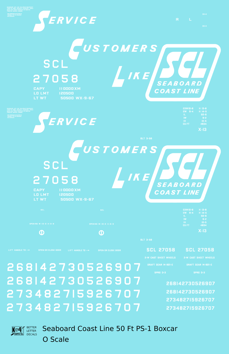 Seaboard Coast Line 50 Ft Steel Boxcar White - Decal - Choose Scale – K4 Decals – Model Train Decals