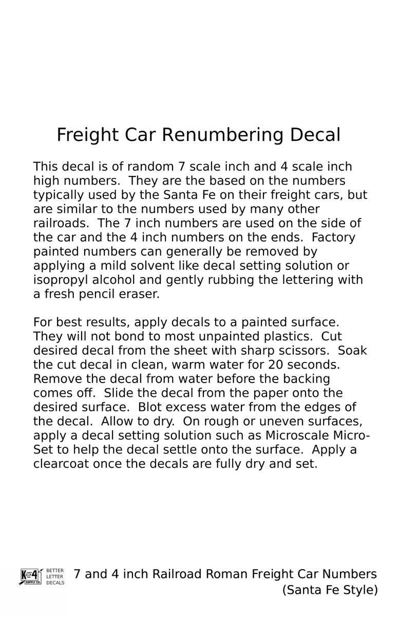 ATSF Santa Fe Style 7 Scale Inch Railroad Roman Freight Car Numbers ...