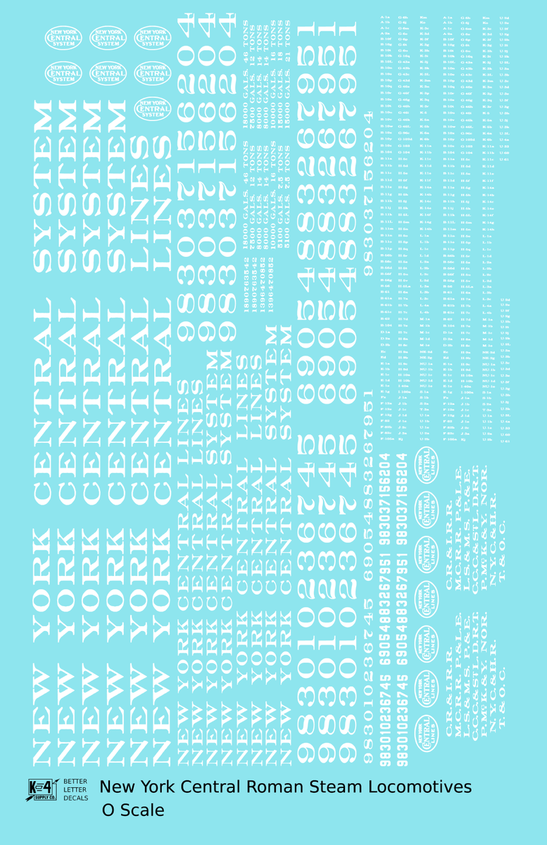 New York Central Roman Steam Locomotive White - Decal - Choose Scale ...