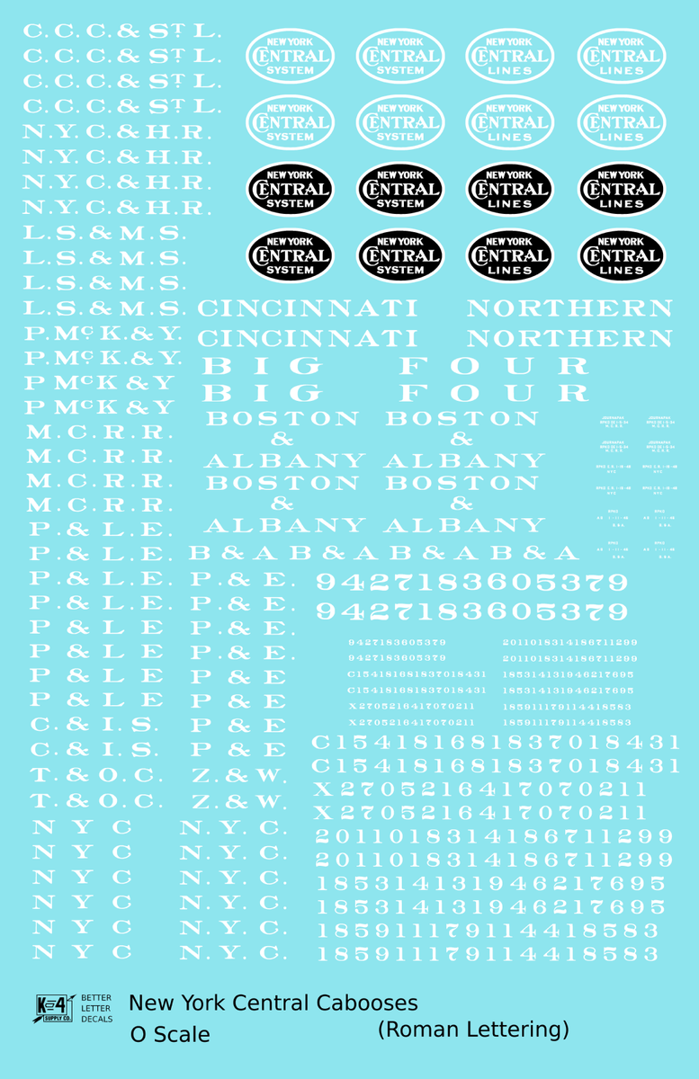 New York Central Cabooses White Roman Lettering - Decal - Choose Scale ...