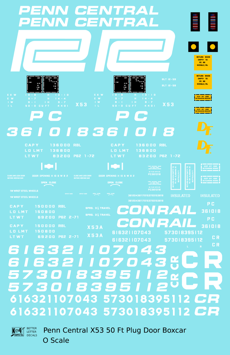 Penn Central, Conrail X53 Insulated Boxcar White - Decal - Choose Scal ...