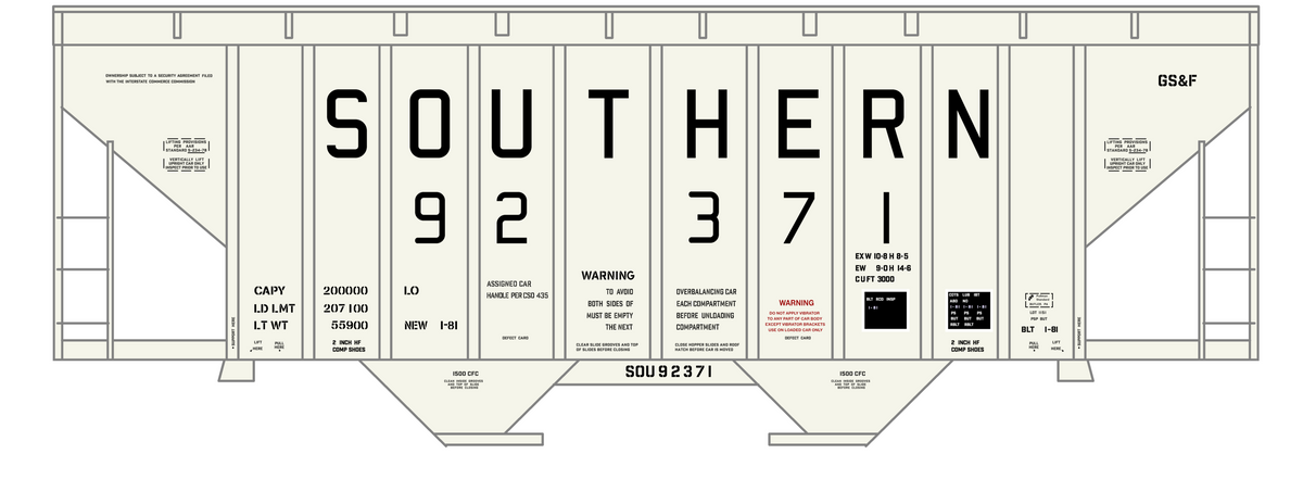 Southern Railway 3000 Cu Ft Covered Hopper Black - Decal - Choose Scal ...